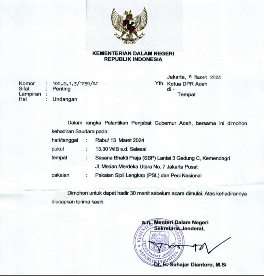 Surat Undangan Pelantikan Pj Gubernur Aceh Beredar di Grup Whatsapp